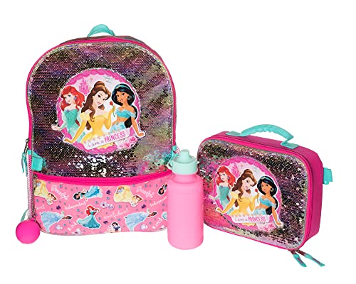 Disney Princess 4 Piece Backpack Set, Flip Sequin 16" School Bag for Girls with Front Zip Pocket, Pink