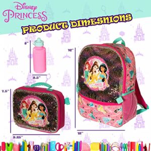 Disney Princess 4 Piece Backpack Set, Flip Sequin 16" School Bag for Girls with Front Zip Pocket, Pink