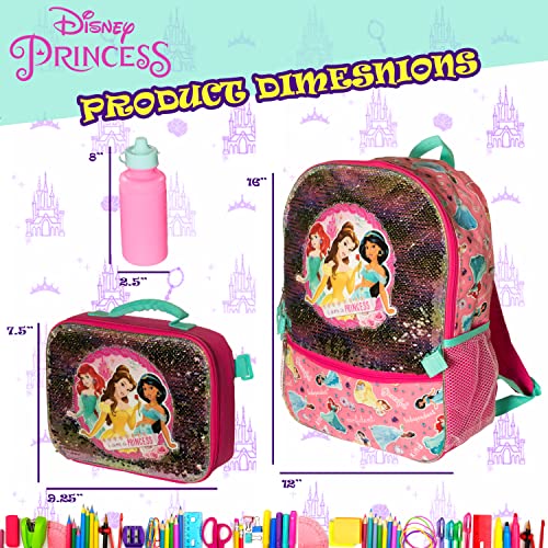 Disney Princess 4 Piece Backpack Set, Flip Sequin 16" School Bag for Girls with Front Zip Pocket, Pink