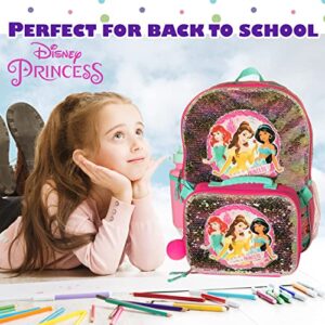 Disney Princess 4 Piece Backpack Set, Flip Sequin 16" School Bag for Girls with Front Zip Pocket, Pink