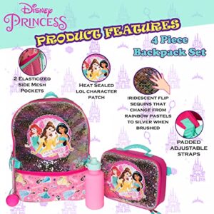 Disney Princess 4 Piece Backpack Set, Flip Sequin 16" School Bag for Girls with Front Zip Pocket, Pink