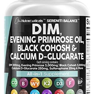 DIM 300mg Evening Primrose 3000mg Black Cohosh 3000mg Calcium D-Glucarate 250mg Sulforaphane Flax Seed Extract - Hormonal Balance Support Vitamins for Women with Dong Quai - Made in USA 60 Caps