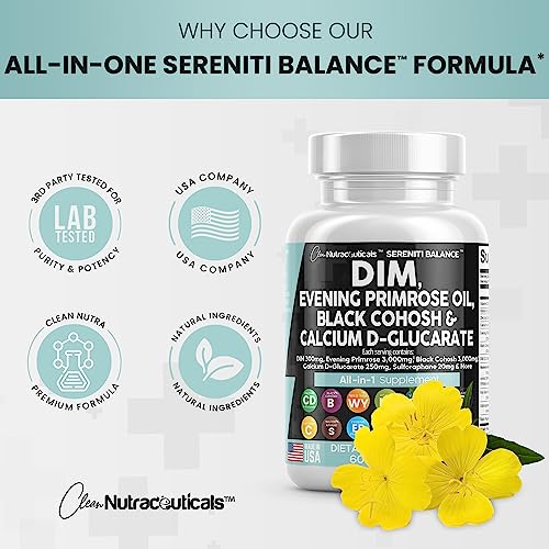 DIM 300mg Evening Primrose 3000mg Black Cohosh 3000mg Calcium D-Glucarate 250mg Sulforaphane Flax Seed Extract - Hormonal Balance Support Vitamins for Women with Dong Quai - Made in USA 60 Caps