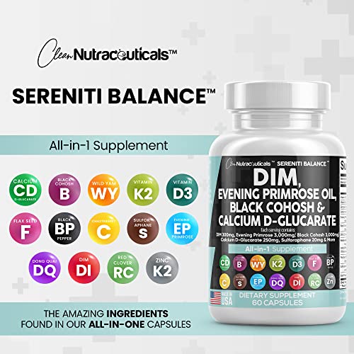 DIM 300mg Evening Primrose 3000mg Black Cohosh 3000mg Calcium D-Glucarate 250mg Sulforaphane Flax Seed Extract - Hormonal Balance Support Vitamins for Women with Dong Quai - Made in USA 60 Caps