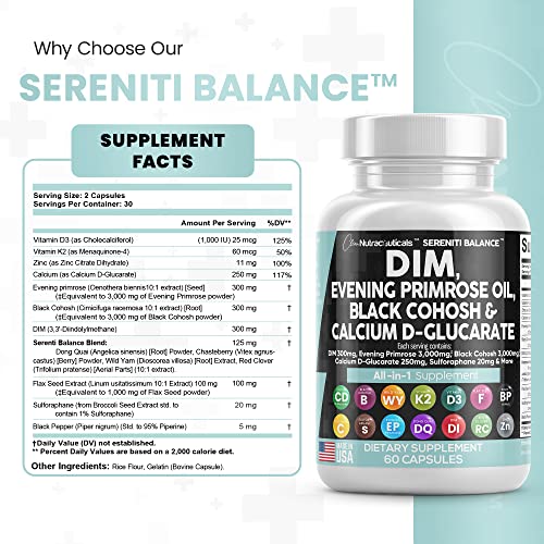 DIM 300mg Evening Primrose 3000mg Black Cohosh 3000mg Calcium D-Glucarate 250mg Sulforaphane Flax Seed Extract - Hormonal Balance Support Vitamins for Women with Dong Quai - Made in USA 60 Caps