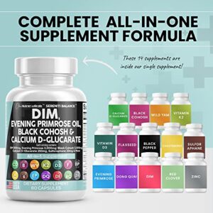 DIM 300mg Evening Primrose 3000mg Black Cohosh 3000mg Calcium D-Glucarate 250mg Sulforaphane Flax Seed Extract - Hormonal Balance Support Vitamins for Women with Dong Quai - Made in USA 60 Caps