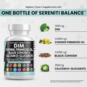 DIM 300mg Evening Primrose 3000mg Black Cohosh 3000mg Calcium D-Glucarate 250mg Sulforaphane Flax Seed Extract - Hormonal Balance Support Vitamins for Women with Dong Quai - Made in USA 60 Caps