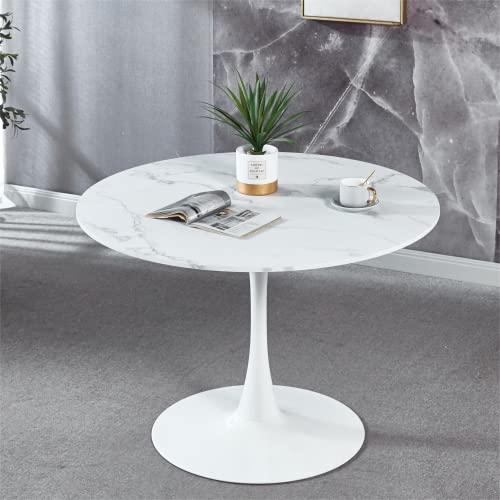 Rabsyung 42" Round Dining Table with Faux Printed Marble Table Top,Mid-Century White Tulip Table Metal Base Pedestal Table for 4-6 Person, Leisure Coffee Table