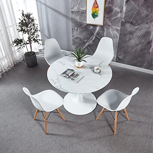 Rabsyung 42" Round Dining Table with Faux Printed Marble Table Top,Mid-Century White Tulip Table Metal Base Pedestal Table for 4-6 Person, Leisure Coffee Table