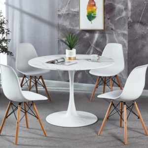 Rabsyung 42" Round Dining Table with Faux Printed Marble Table Top,Mid-Century White Tulip Table Metal Base Pedestal Table for 4-6 Person, Leisure Coffee Table