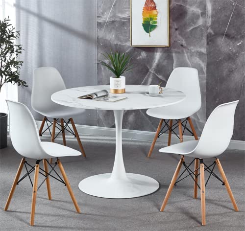 Rabsyung 42" Round Dining Table with Faux Printed Marble Table Top,Mid-Century White Tulip Table Metal Base Pedestal Table for 4-6 Person, Leisure Coffee Table