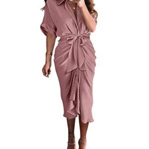 BTFBM Women 2023 Button Down Ruched Shirt Dresses Short Sleeve Lapel V Neck Elegant Party Spring Summer Maxi Satin Dress(Short Sleeve Pink, Small)