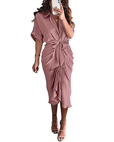 BTFBM Women 2023 Button Down Ruched Shirt Dresses Short Sleeve Lapel V Neck Elegant Party Spring Summer Maxi Satin Dress(Short Sleeve Pink, Small)