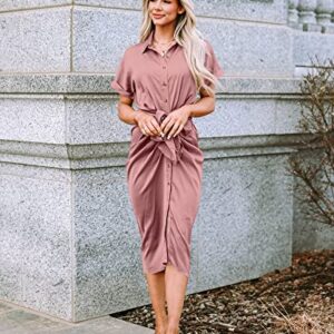 BTFBM Women 2023 Button Down Ruched Shirt Dresses Short Sleeve Lapel V Neck Elegant Party Spring Summer Maxi Satin Dress(Short Sleeve Pink, Small)