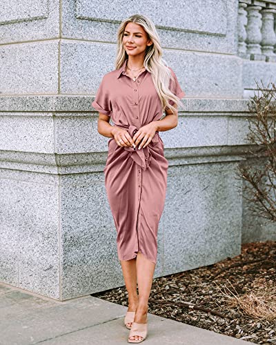 BTFBM Women 2023 Button Down Ruched Shirt Dresses Short Sleeve Lapel V Neck Elegant Party Spring Summer Maxi Satin Dress(Short Sleeve Pink, Small)