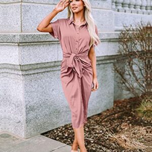 BTFBM Women 2023 Button Down Ruched Shirt Dresses Short Sleeve Lapel V Neck Elegant Party Spring Summer Maxi Satin Dress(Short Sleeve Pink, Small)