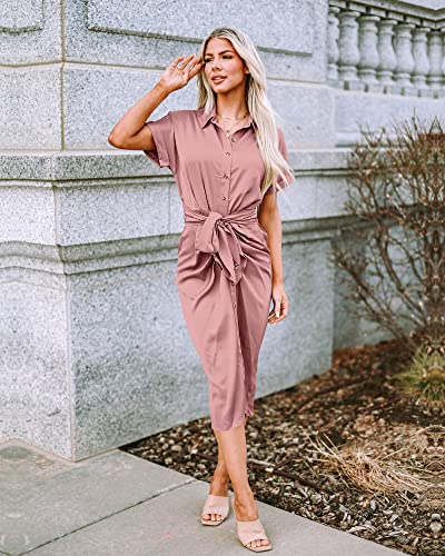 BTFBM Women 2023 Button Down Ruched Shirt Dresses Short Sleeve Lapel V Neck Elegant Party Spring Summer Maxi Satin Dress(Short Sleeve Pink, Small)