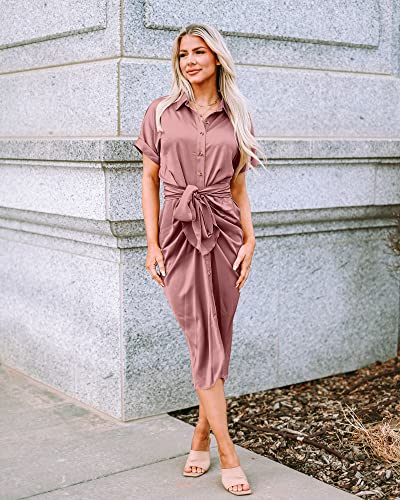 BTFBM Women 2023 Button Down Ruched Shirt Dresses Short Sleeve Lapel V Neck Elegant Party Spring Summer Maxi Satin Dress(Short Sleeve Pink, Small)