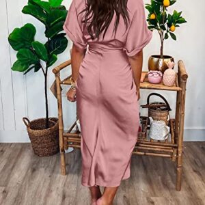 BTFBM Women 2023 Button Down Ruched Shirt Dresses Short Sleeve Lapel V Neck Elegant Party Spring Summer Maxi Satin Dress(Short Sleeve Pink, Small)