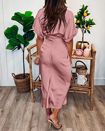 BTFBM Women 2023 Button Down Ruched Shirt Dresses Short Sleeve Lapel V Neck Elegant Party Spring Summer Maxi Satin Dress(Short Sleeve Pink, Small)