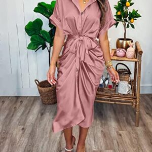 BTFBM Women 2023 Button Down Ruched Shirt Dresses Short Sleeve Lapel V Neck Elegant Party Spring Summer Maxi Satin Dress(Short Sleeve Pink, Small)