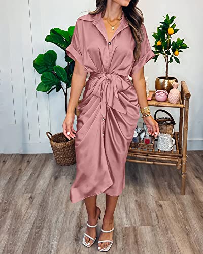 BTFBM Women 2023 Button Down Ruched Shirt Dresses Short Sleeve Lapel V Neck Elegant Party Spring Summer Maxi Satin Dress(Short Sleeve Pink, Small)