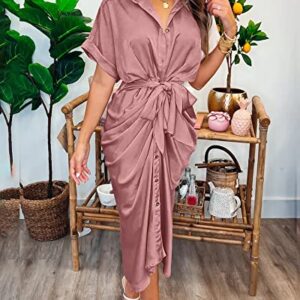 BTFBM Women 2023 Button Down Ruched Shirt Dresses Short Sleeve Lapel V Neck Elegant Party Spring Summer Maxi Satin Dress(Short Sleeve Pink, Small)