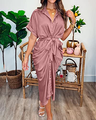 BTFBM Women 2023 Button Down Ruched Shirt Dresses Short Sleeve Lapel V Neck Elegant Party Spring Summer Maxi Satin Dress(Short Sleeve Pink, Small)