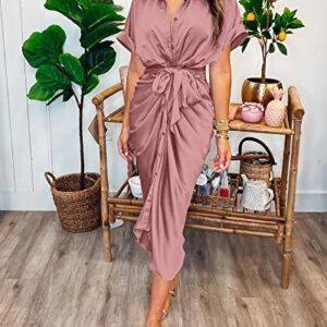 BTFBM Women 2023 Button Down Ruched Shirt Dresses Short Sleeve Lapel V Neck Elegant Party Spring Summer Maxi Satin Dress(Short Sleeve Pink, Small)