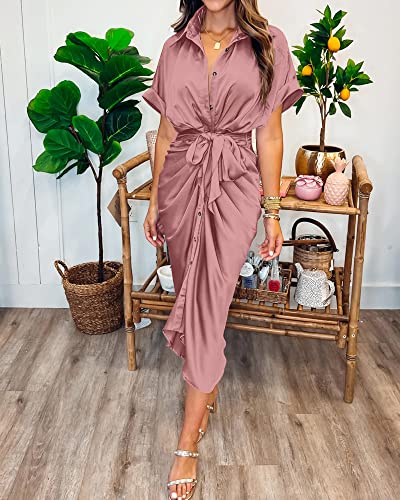 BTFBM Women 2023 Button Down Ruched Shirt Dresses Short Sleeve Lapel V Neck Elegant Party Spring Summer Maxi Satin Dress(Short Sleeve Pink, Small)