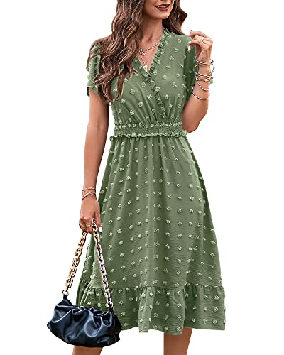 BTFBM Elegant Short Sleeve V Neck Swiss Dot Midi Summer Dresses for Women 2023 Boho Ruffle Long Dresses Ruffle Cocktail Dress（Solid Green,X-Large