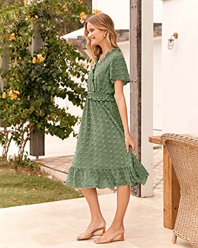 BTFBM Elegant Short Sleeve V Neck Swiss Dot Midi Summer Dresses for Women 2023 Boho Ruffle Long Dresses Ruffle Cocktail Dress（Solid Green,X-Large