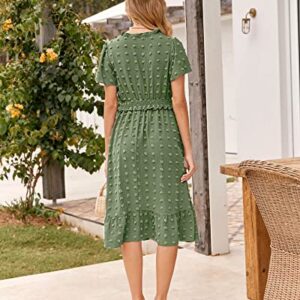 BTFBM Elegant Short Sleeve V Neck Swiss Dot Midi Summer Dresses for Women 2023 Boho Ruffle Long Dresses Ruffle Cocktail Dress（Solid Green,X-Large