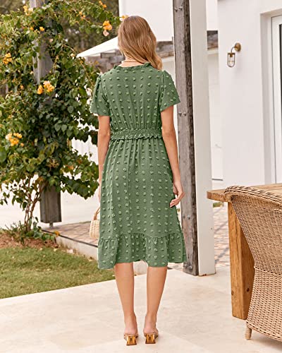 BTFBM Elegant Short Sleeve V Neck Swiss Dot Midi Summer Dresses for Women 2023 Boho Ruffle Long Dresses Ruffle Cocktail Dress（Solid Green,X-Large