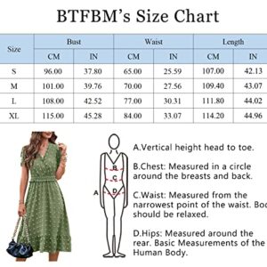 BTFBM Elegant Short Sleeve V Neck Swiss Dot Midi Summer Dresses for Women 2023 Boho Ruffle Long Dresses Ruffle Cocktail Dress（Solid Green,X-Large