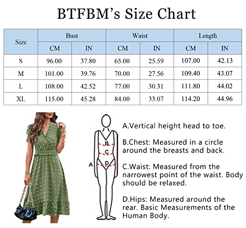 BTFBM Elegant Short Sleeve V Neck Swiss Dot Midi Summer Dresses for Women 2023 Boho Ruffle Long Dresses Ruffle Cocktail Dress（Solid Green,X-Large