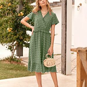 BTFBM Elegant Short Sleeve V Neck Swiss Dot Midi Summer Dresses for Women 2023 Boho Ruffle Long Dresses Ruffle Cocktail Dress（Solid Green,X-Large