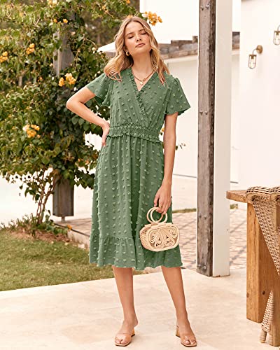 BTFBM Elegant Short Sleeve V Neck Swiss Dot Midi Summer Dresses for Women 2023 Boho Ruffle Long Dresses Ruffle Cocktail Dress（Solid Green,X-Large