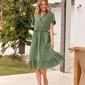 BTFBM Elegant Short Sleeve V Neck Swiss Dot Midi Summer Dresses for Women 2023 Boho Ruffle Long Dresses Ruffle Cocktail Dress（Solid Green,X-Large