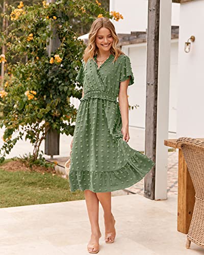 BTFBM Elegant Short Sleeve V Neck Swiss Dot Midi Summer Dresses for Women 2023 Boho Ruffle Long Dresses Ruffle Cocktail Dress（Solid Green,X-Large