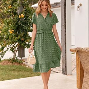 BTFBM Elegant Short Sleeve V Neck Swiss Dot Midi Summer Dresses for Women 2023 Boho Ruffle Long Dresses Ruffle Cocktail Dress（Solid Green,X-Large