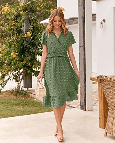 BTFBM Elegant Short Sleeve V Neck Swiss Dot Midi Summer Dresses for Women 2023 Boho Ruffle Long Dresses Ruffle Cocktail Dress（Solid Green,X-Large