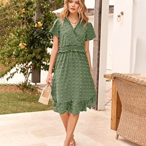 BTFBM Elegant Short Sleeve V Neck Swiss Dot Midi Summer Dresses for Women 2023 Boho Ruffle Long Dresses Ruffle Cocktail Dress（Solid Green,X-Large