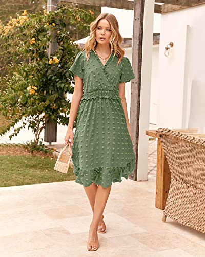 BTFBM Elegant Short Sleeve V Neck Swiss Dot Midi Summer Dresses for Women 2023 Boho Ruffle Long Dresses Ruffle Cocktail Dress（Solid Green,X-Large