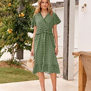 BTFBM Elegant Short Sleeve V Neck Swiss Dot Midi Summer Dresses for Women 2023 Boho Ruffle Long Dresses Ruffle Cocktail Dress（Solid Green,X-Large