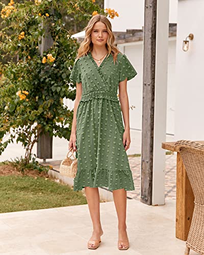 BTFBM Elegant Short Sleeve V Neck Swiss Dot Midi Summer Dresses for Women 2023 Boho Ruffle Long Dresses Ruffle Cocktail Dress（Solid Green,X-Large