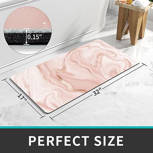 DEXI Bath Mat Rugs Bathroom Floor Mat Super Absorbent Ultra Thin Low Profile Non Slip Quick Dry Washable Carpet for Sink Shower Toilet, 17"x32" Coral Pink