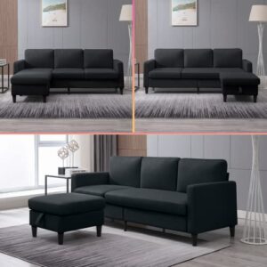 Mixoy 78'' Convertible Sectional Sofa with Storage Ottoman, Small Linen Fabric Sofa with Movable Ottoman, Modern Free Combination L Shaped Couch (Dark Grey)