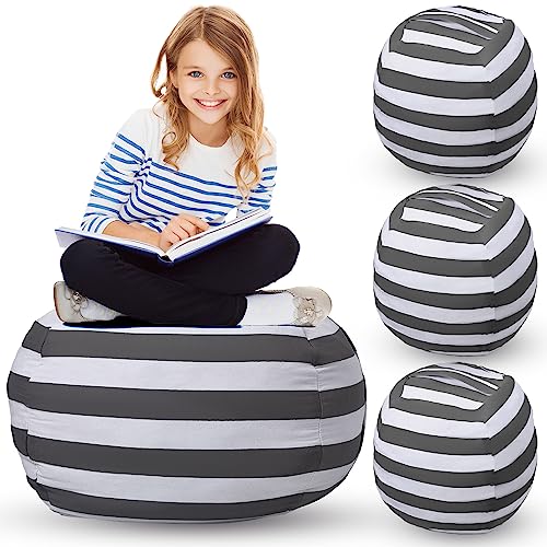 4 Pieces Bean Bag Chair Cover Stuffed Animal Storage 23.62 x 23.62 x 23.62 Inch Stuffable Zipper Beanbag Canvas Stuffed Animal Organizer for Organizing Kid's Plush Toys Adult's Room, White and Gray