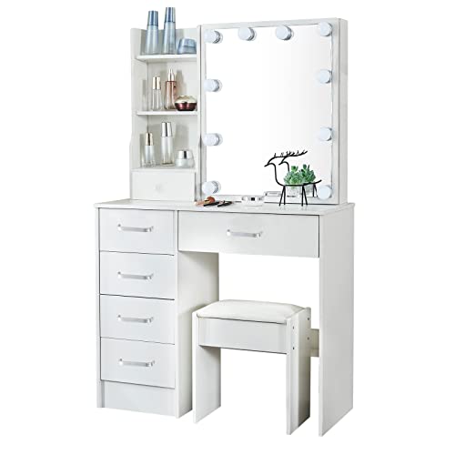 saicheng White Dressing Table with Sliding Lighted Mirror, Makeup Vanity Set with 5 Storage Drawers Shelves, Dresser Desk & Cushioned Stool Set for Bedroom